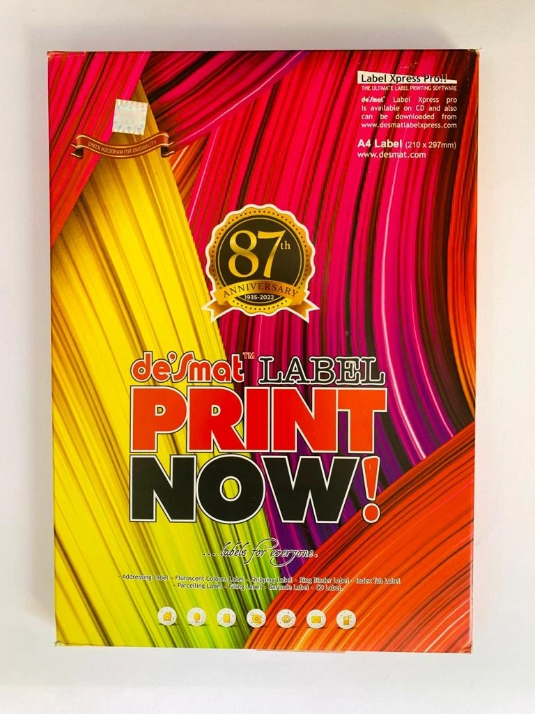 Desmat A4ST-1 (75 Sheets) Sticker Label Sheet Pack