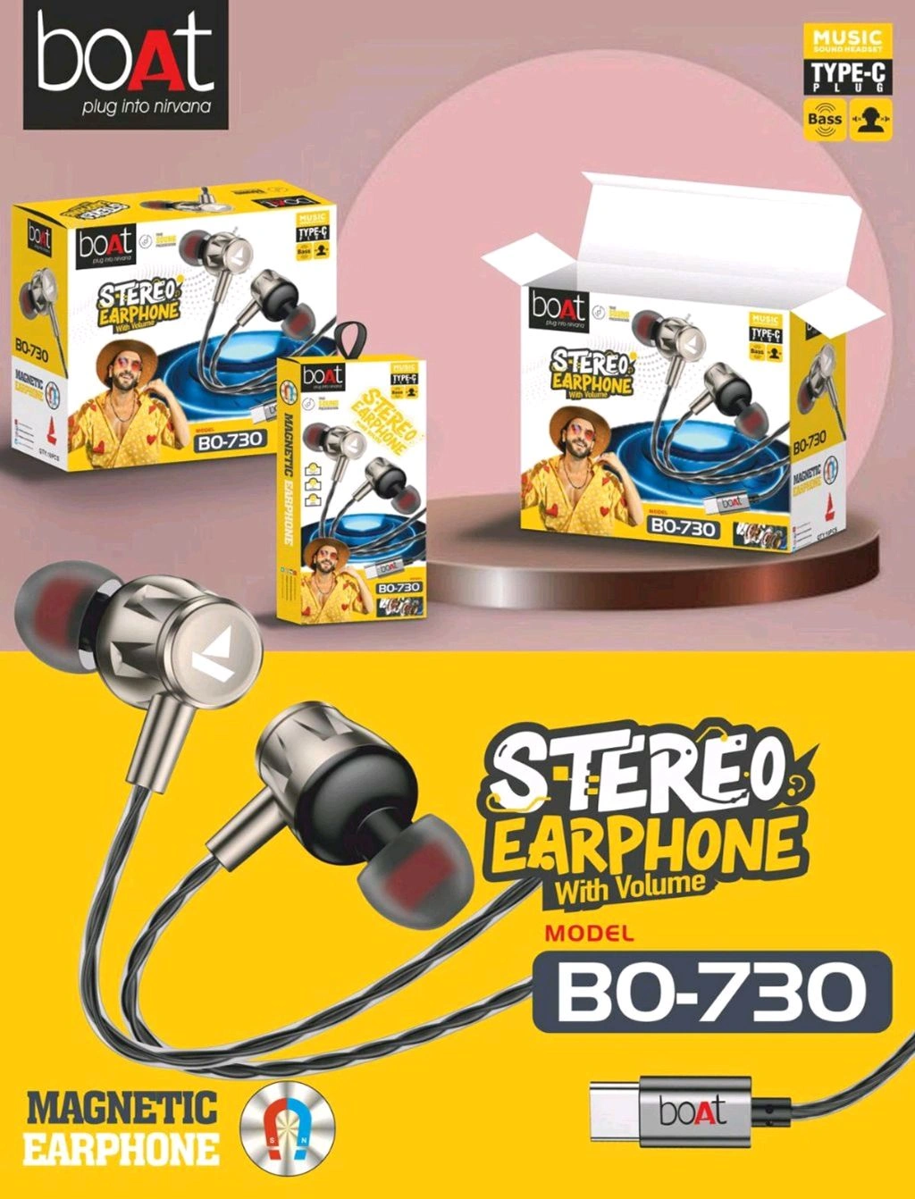 Boat BO-730 Stereo Sound With Volume Control Type-C Megantic Earphone