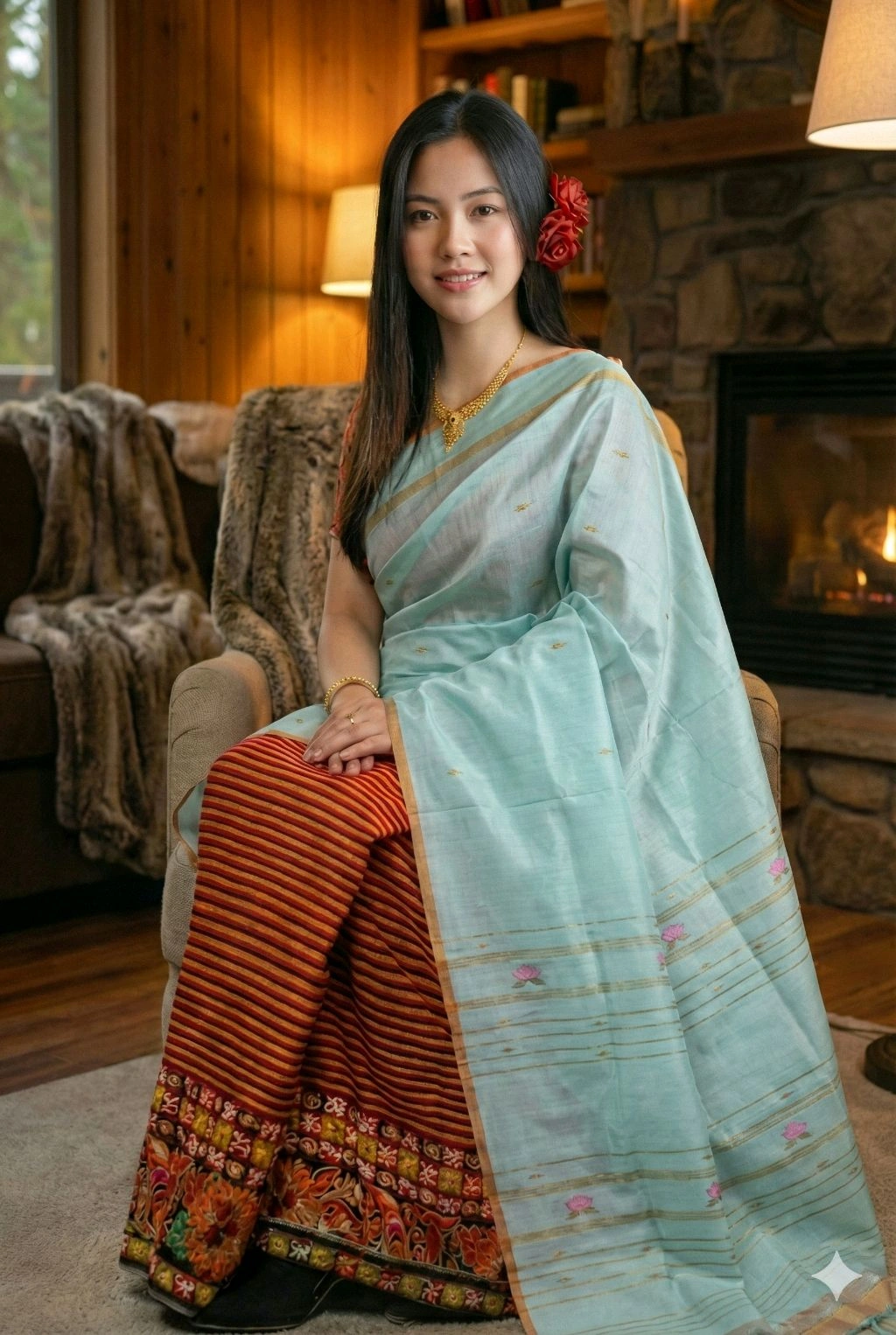 Reshmi Muga Light Blue Brown Border