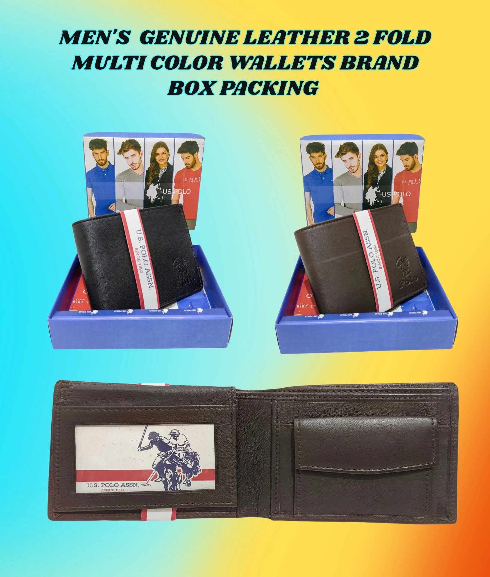 Mens Genuine Leather 2 Fold Multi Color Wallets Brand Box Packing