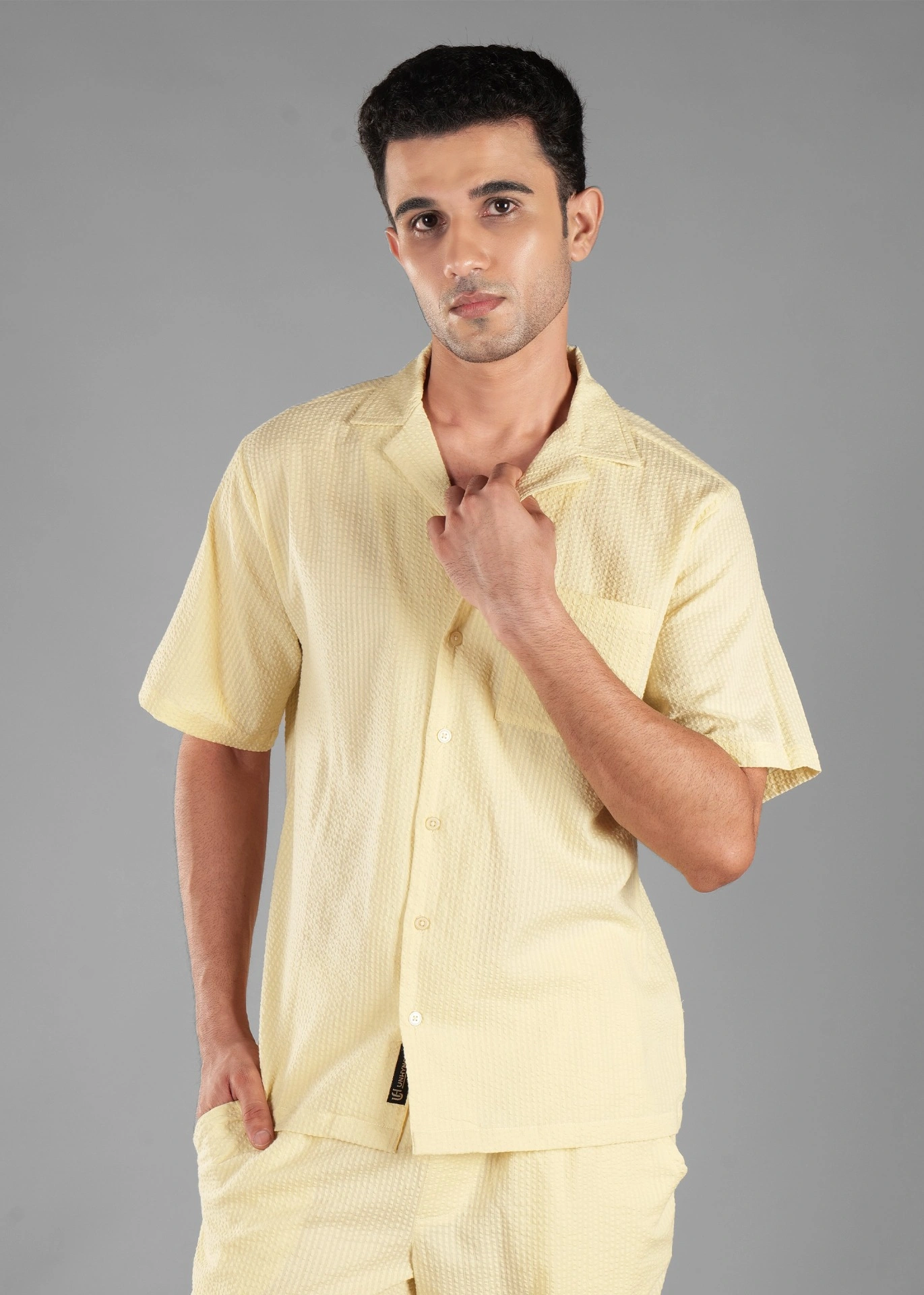 Butter Yellow seer sucker textured cuban collar